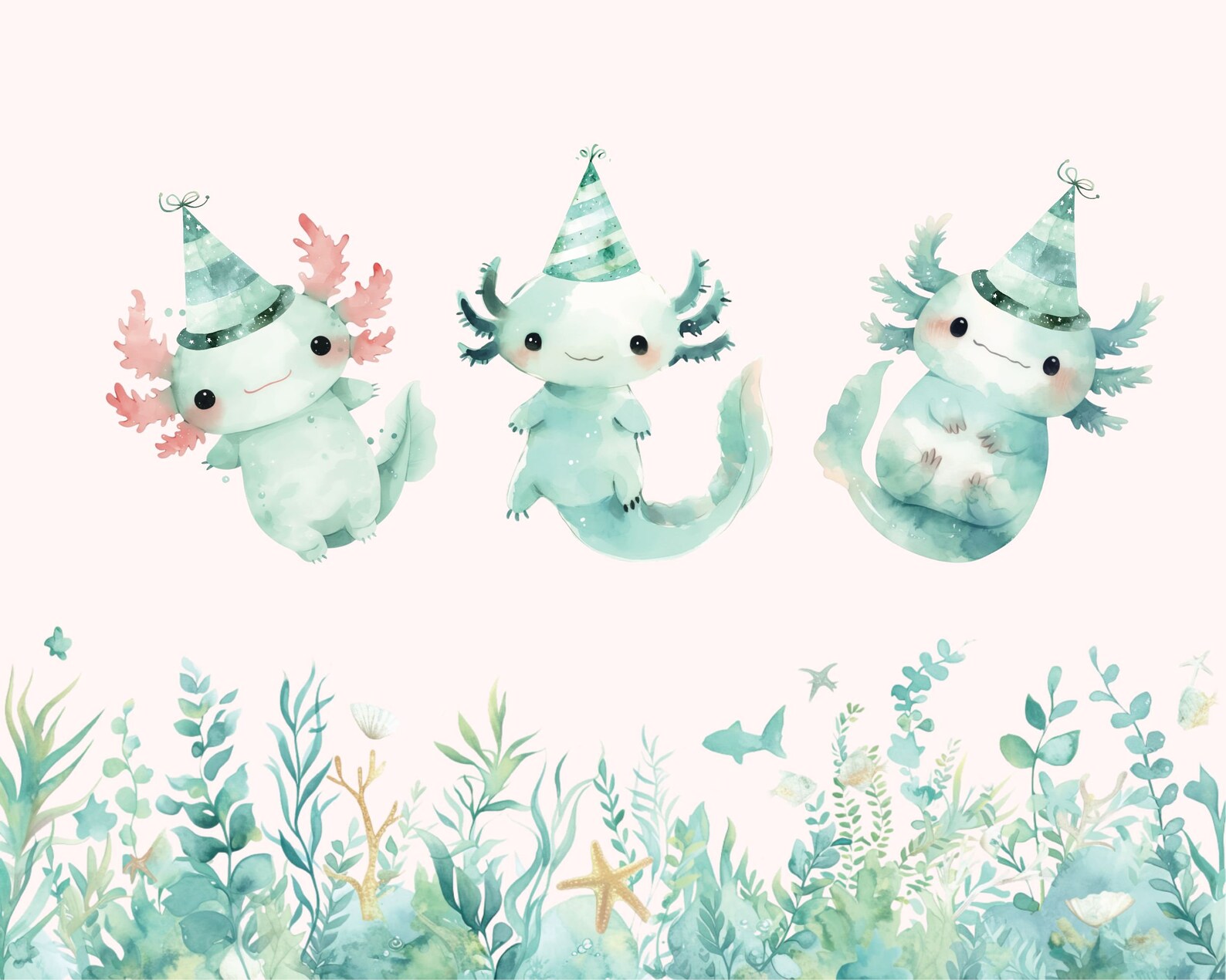Axolotl Birthday Clipart | Cute Axolotl Clipart | Sea Animal Graphics ...