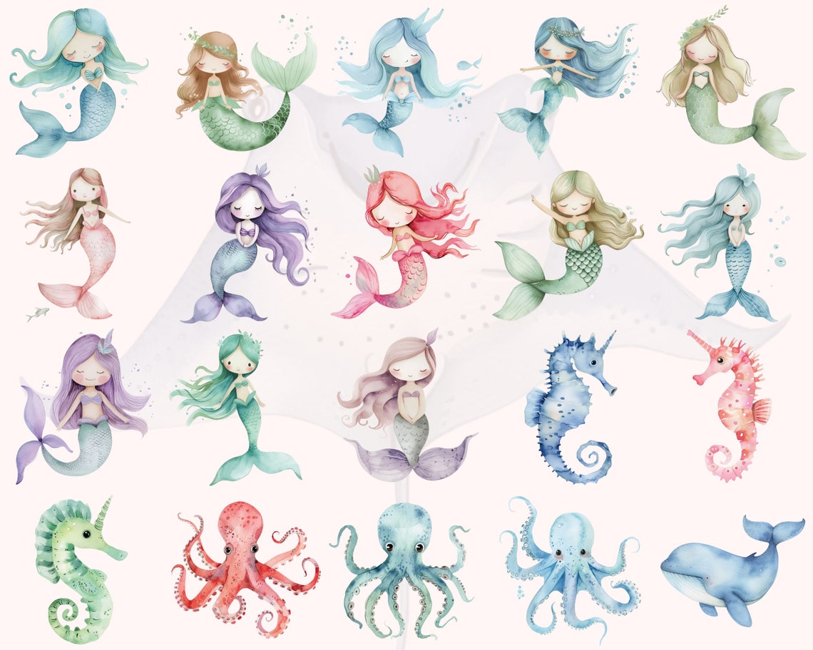 Watercolor Mermaid Clipart Pastel Pastel Mermaid Graphics Cute Mermaid ...