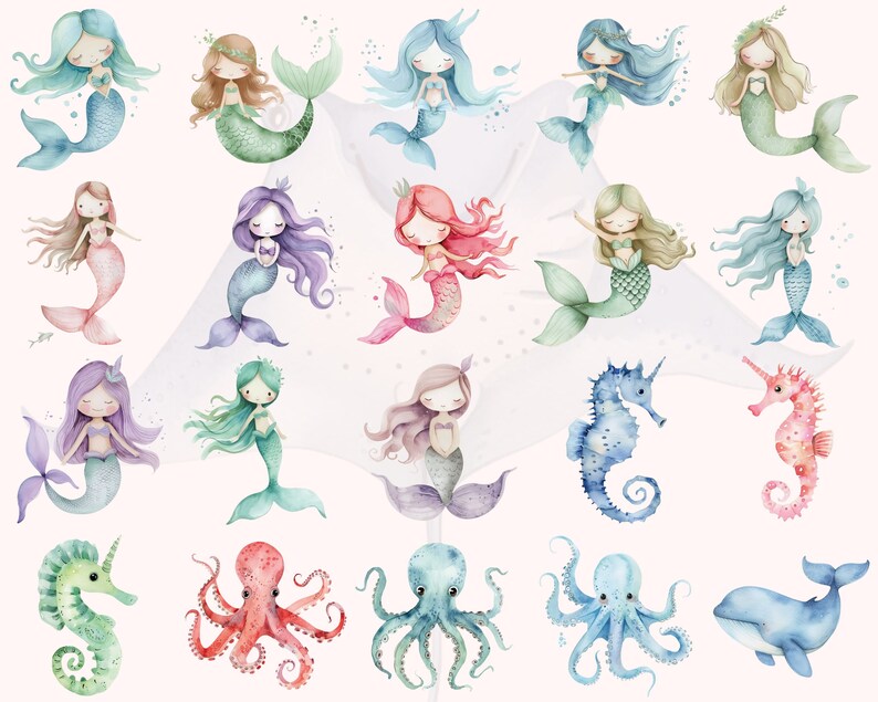 Watercolor Mermaid Clipart Pastel | Pastel Mermaid Graphics | Cute ...