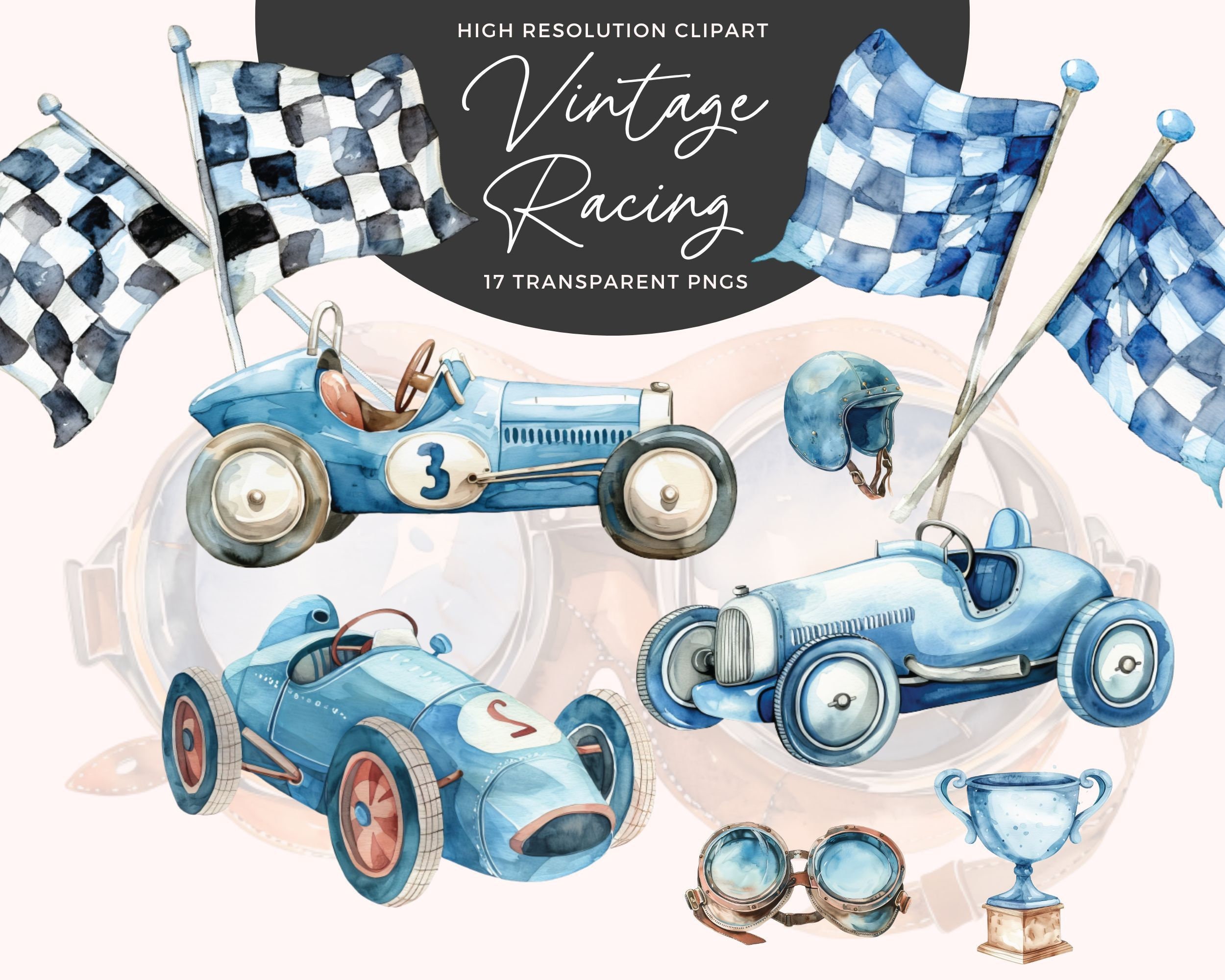 Watercolor Vintage Race Car Nursery Clipart Set Race Car Clipart ...