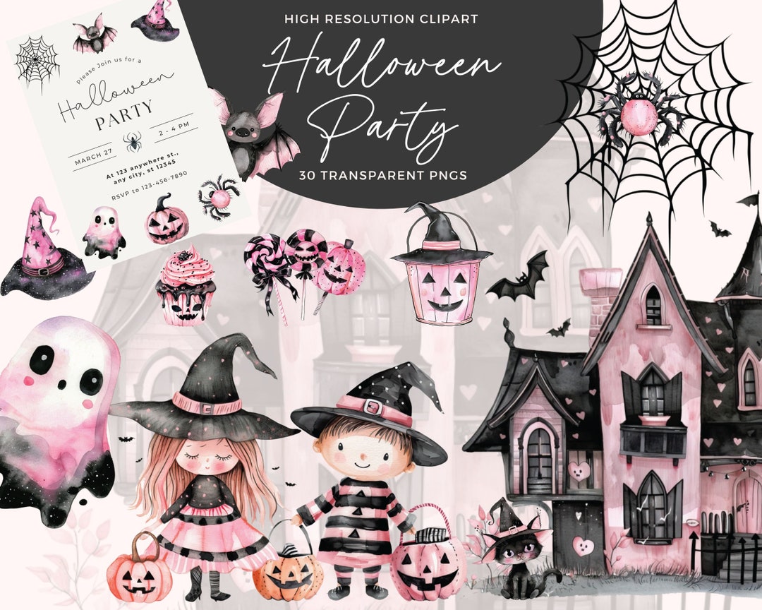 Cute Halloween Clipart Watercolor Halloween Clipart Pink Spooky Clipart ...