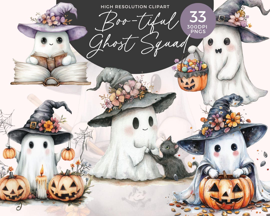 Cute Ghost Clipart | Whimsical Ghost Clipart | Watercolor Halloween ...