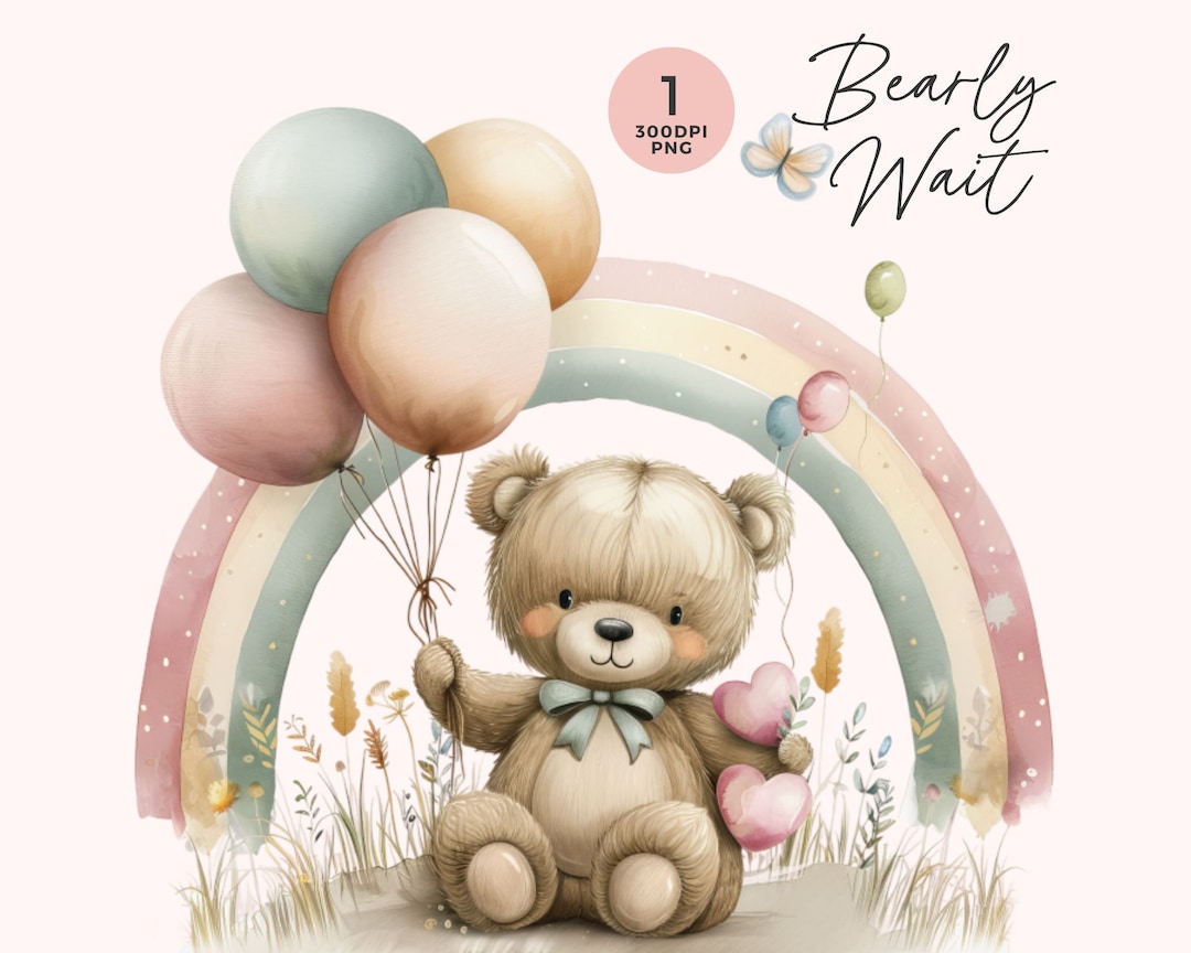 We Can Bearly Wait Clipart | Bear Baby Shower | Baby Boy | Bearly Wait Invitation | Balloons ...