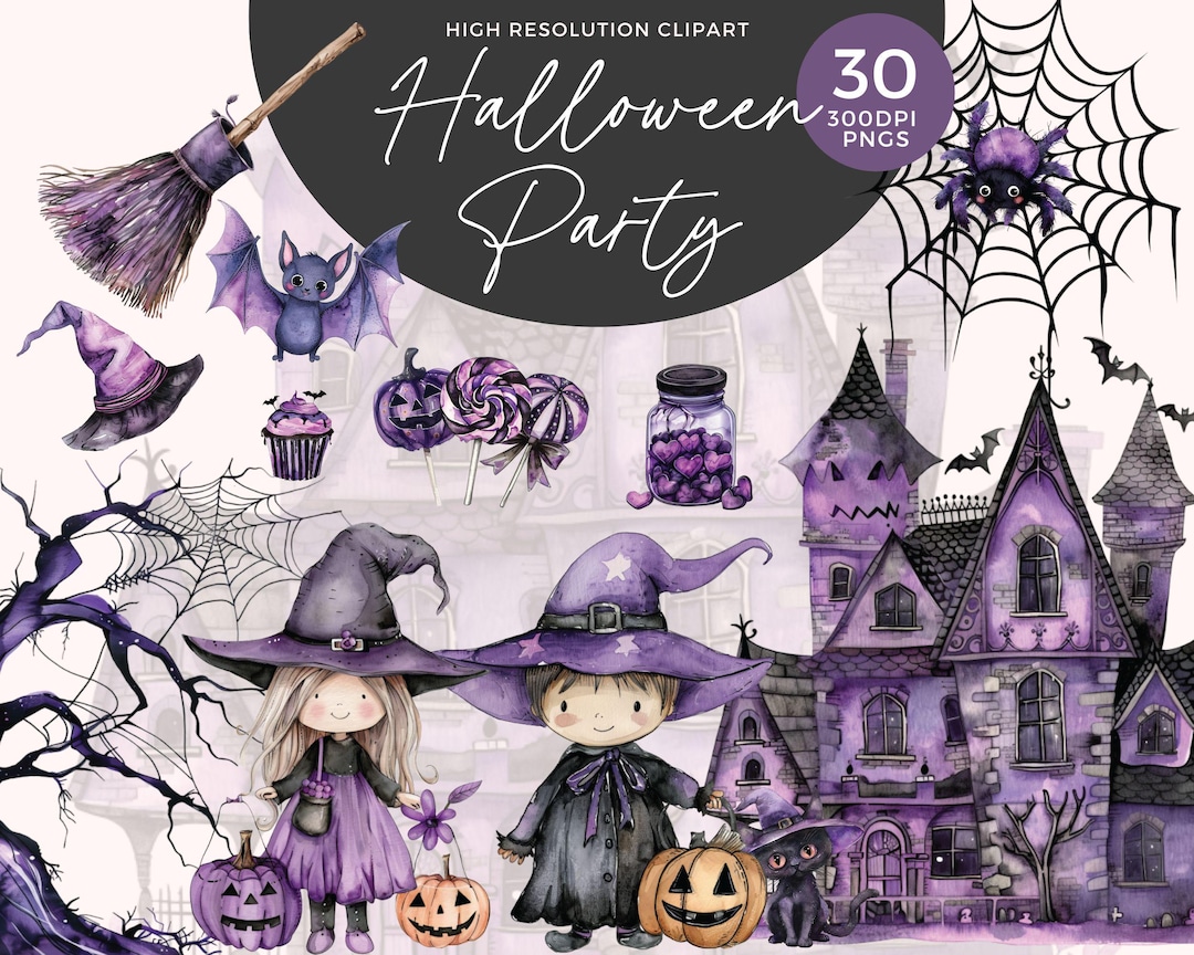 Cute Halloween Clipart | Watercolor Halloween Clipart | Purple Spooky ...