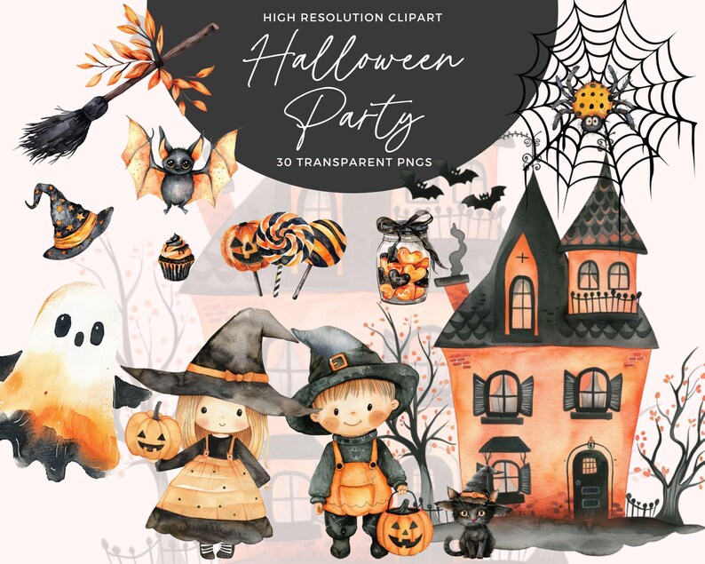 Cute Halloween Clipart Bundle | Watercolor Halloween Clipart | Pink ...