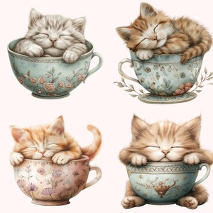 Cute Kittens in Teacups Clipart Bundle | Watercolor Kitten Clipart ...
