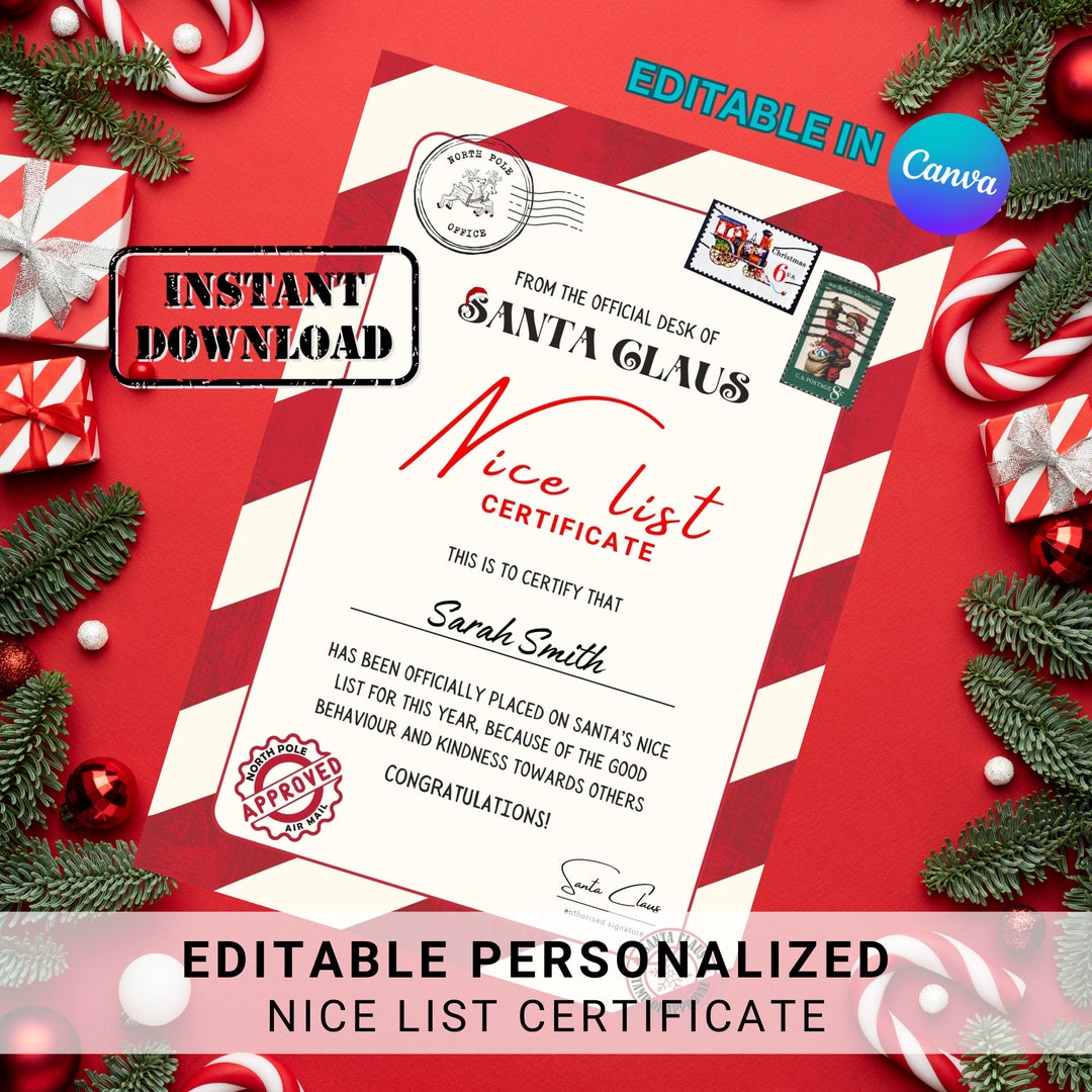 Official Santa's Nice List Certificate - Digital Download, Editable in ...