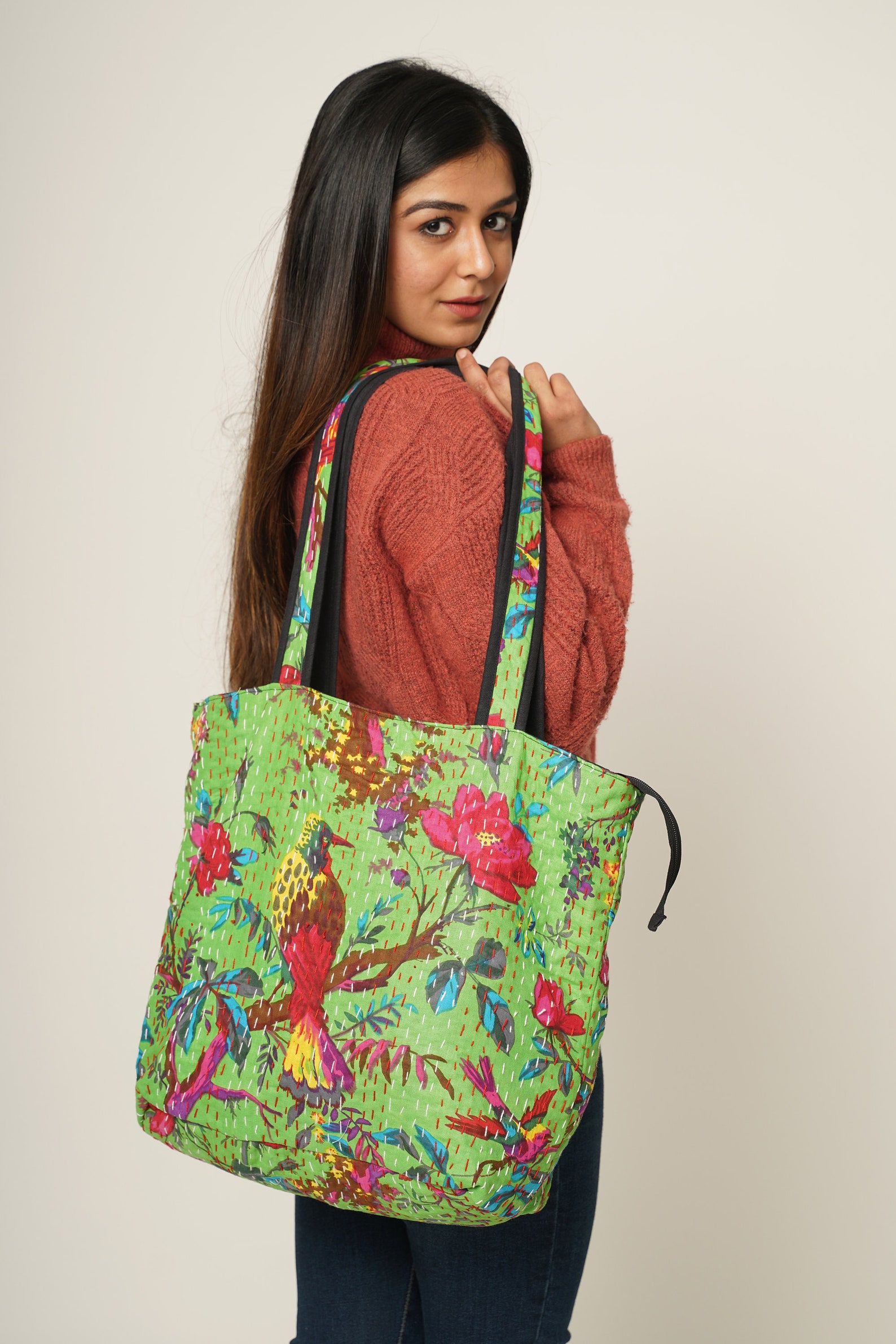 Charming Jungle Bird Kantha Tote Bag 100% Organic Cotton Embroidered ...