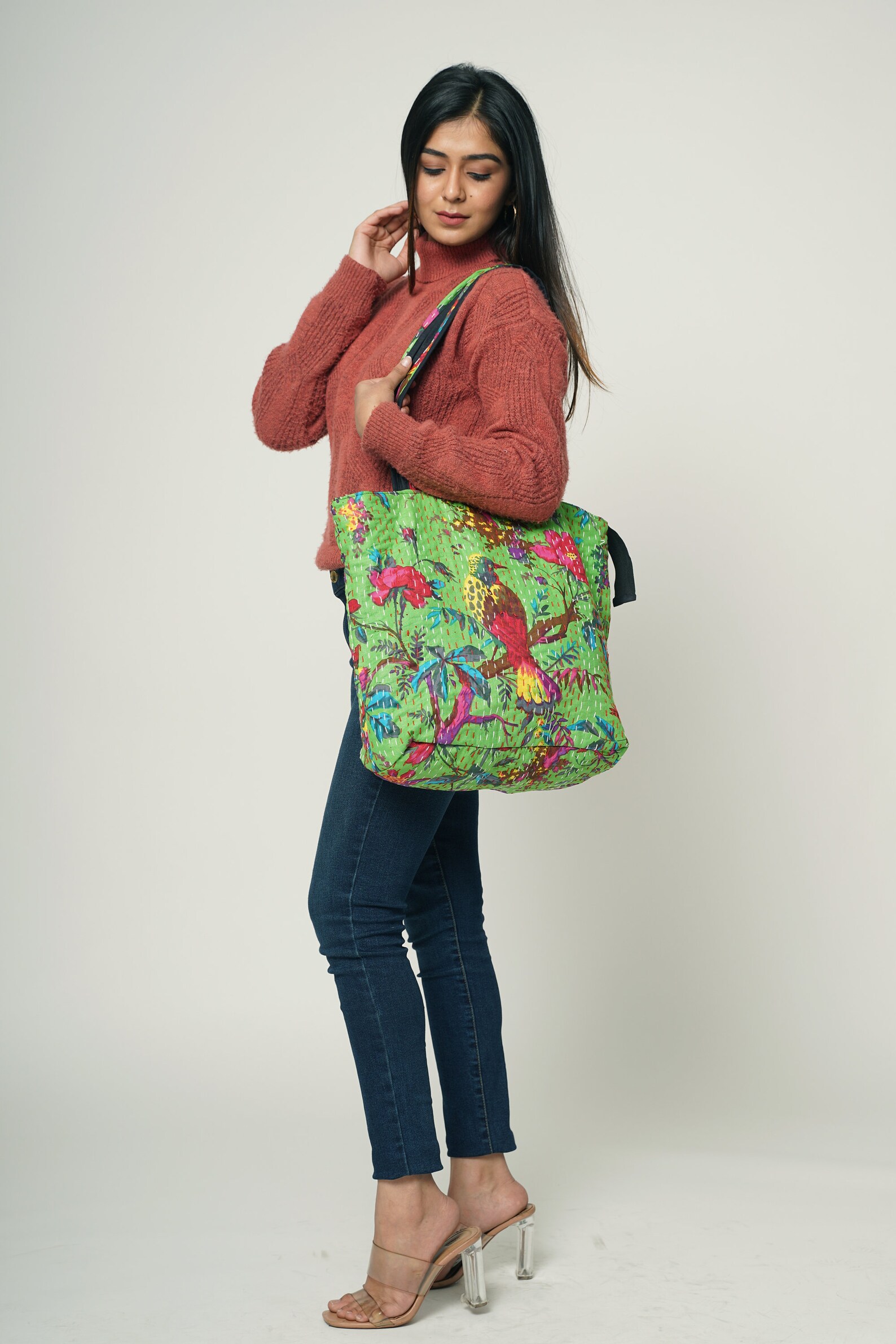 Charming Jungle Bird Kantha Tote Bag 100% Organic Cotton Embroidered ...