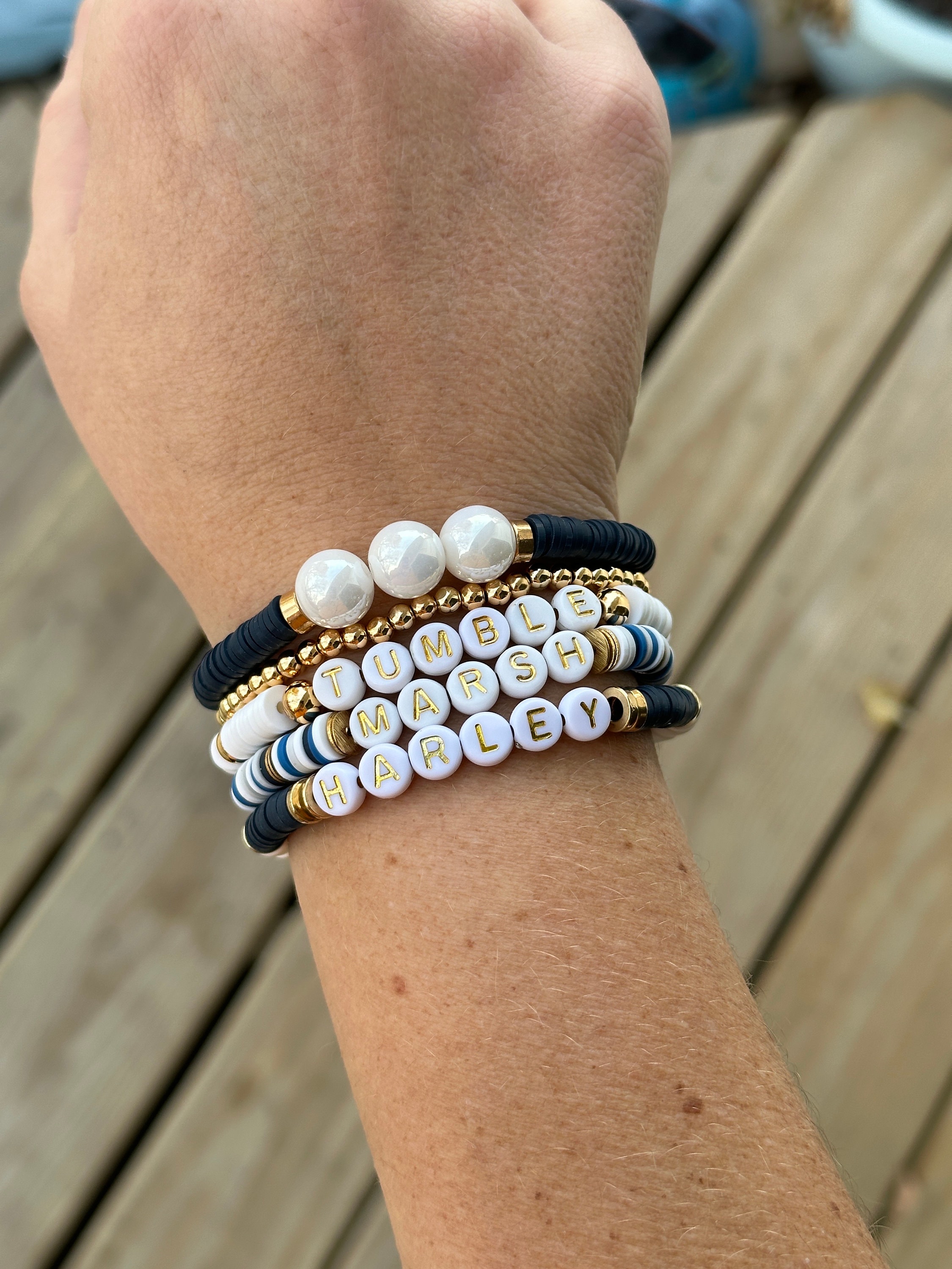 Personalized Heishi Bracelet Set: Navy, White & Gold Clay Bead Stacking ...
