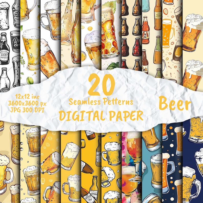 Beer - Digital Paper, Beer Pattern, Scrapbook Paper Pack, Seamless ...