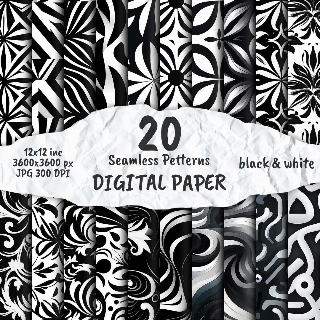 Black & White Digital Paper, Beautiful Pattern, Scrapbook Paper Pack ...
