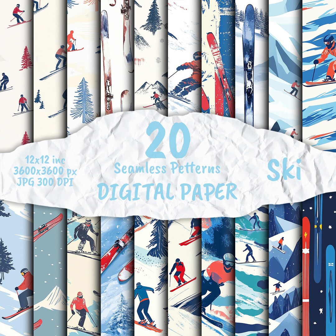 Ski Digital Paper, Ski Pattern, Scrapbook Paper Pack, Seamless Pattern ...