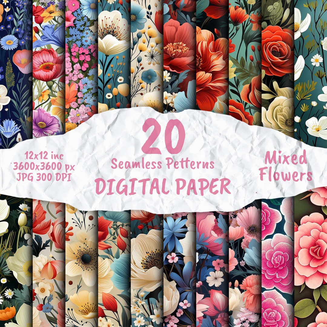 Mixed Flowers - Digital Paper, Flower Pattern, Scrapbook Paper Pack ...