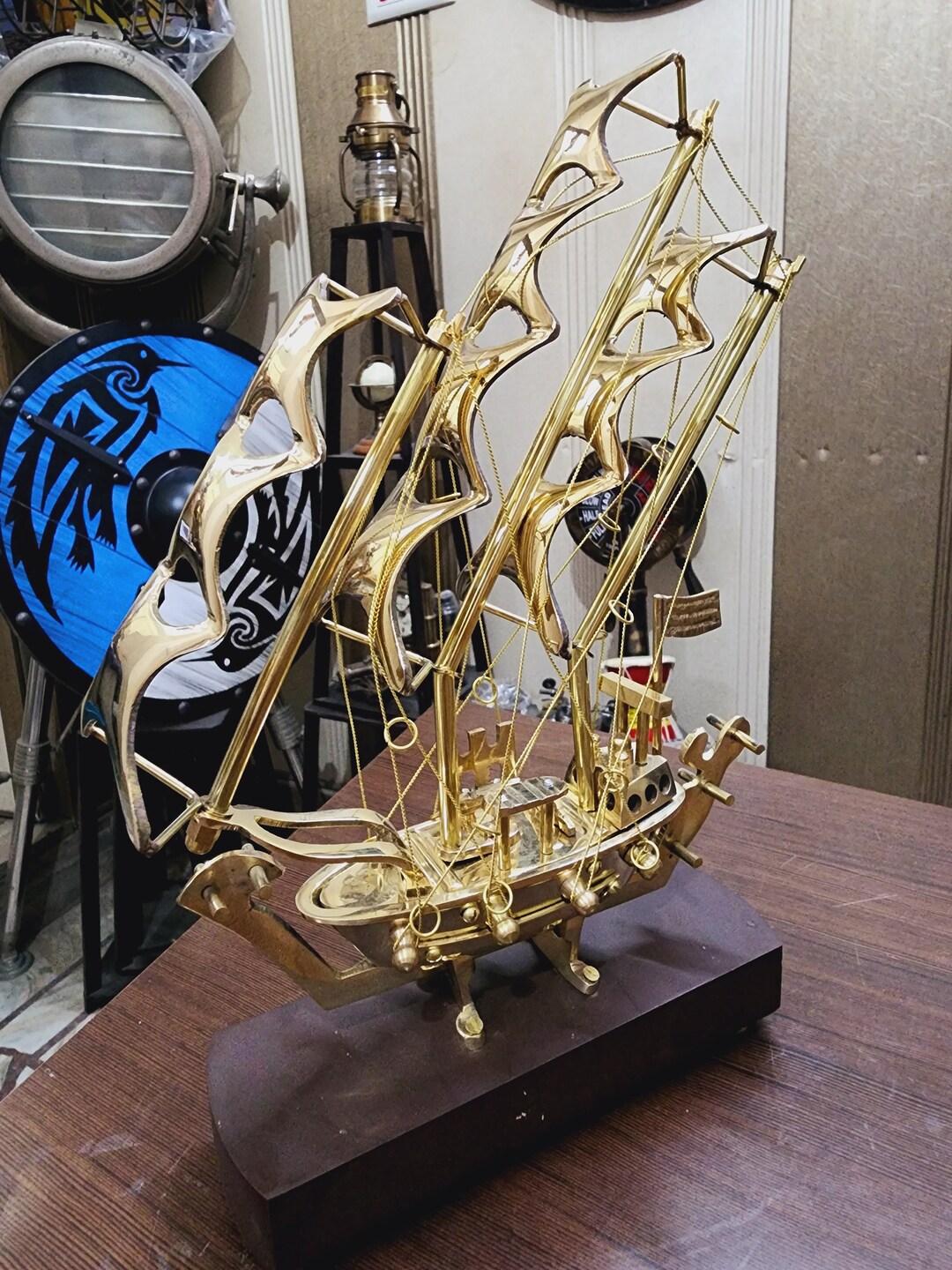Handcrafted 12-inch Pure Brass Ship Model With Wooden Base - Nautical ...