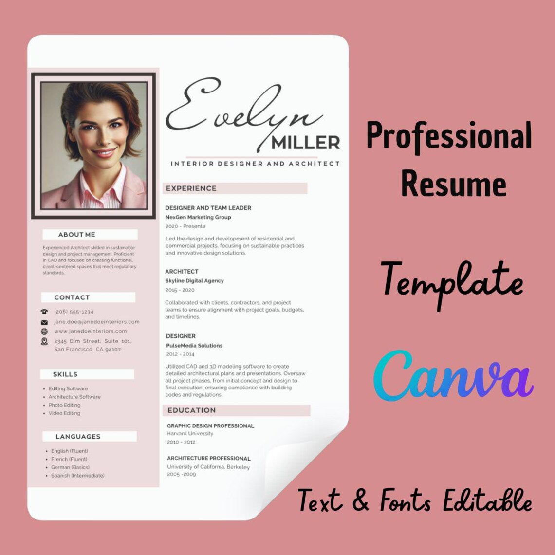Editable Professional Resume Template With Photo, Minimalist Pink Cover ...