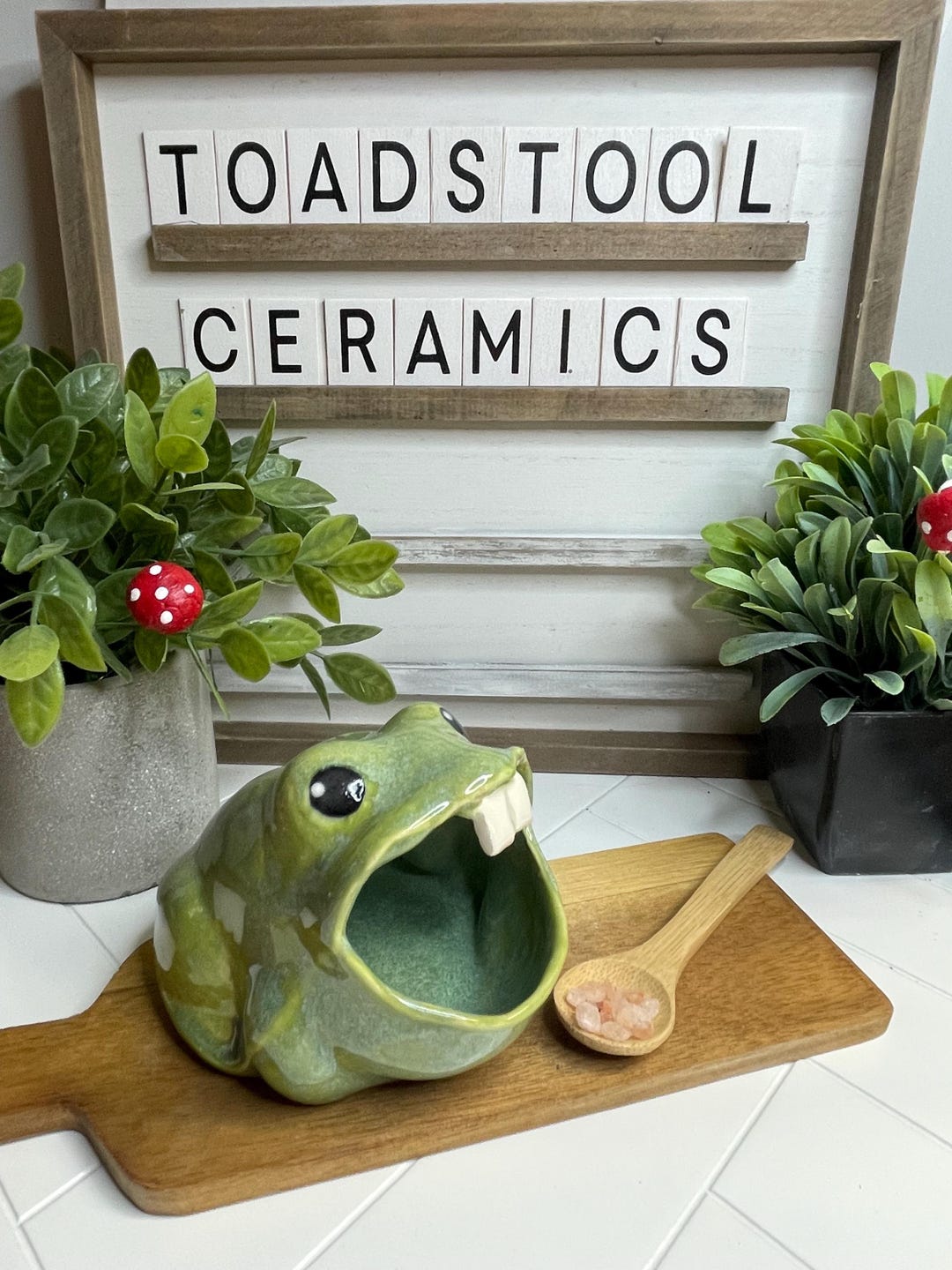 Salt Cellar- Frog Artisan Salt Pig -whimsical Fun- Ceramic With Wooden ...