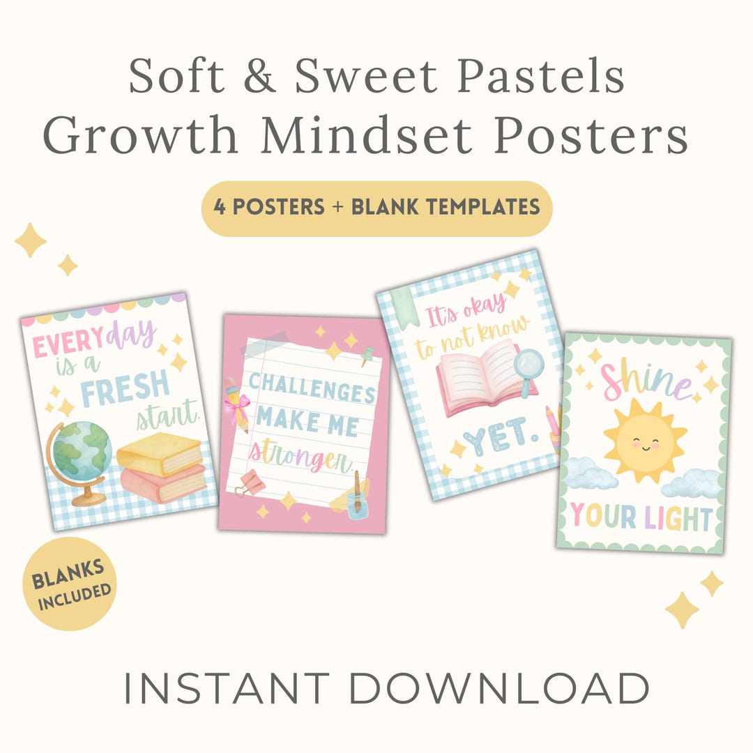 Soft & Sweet Watercolor Growth Mindset Posters – Set of 4 Inspirational ...