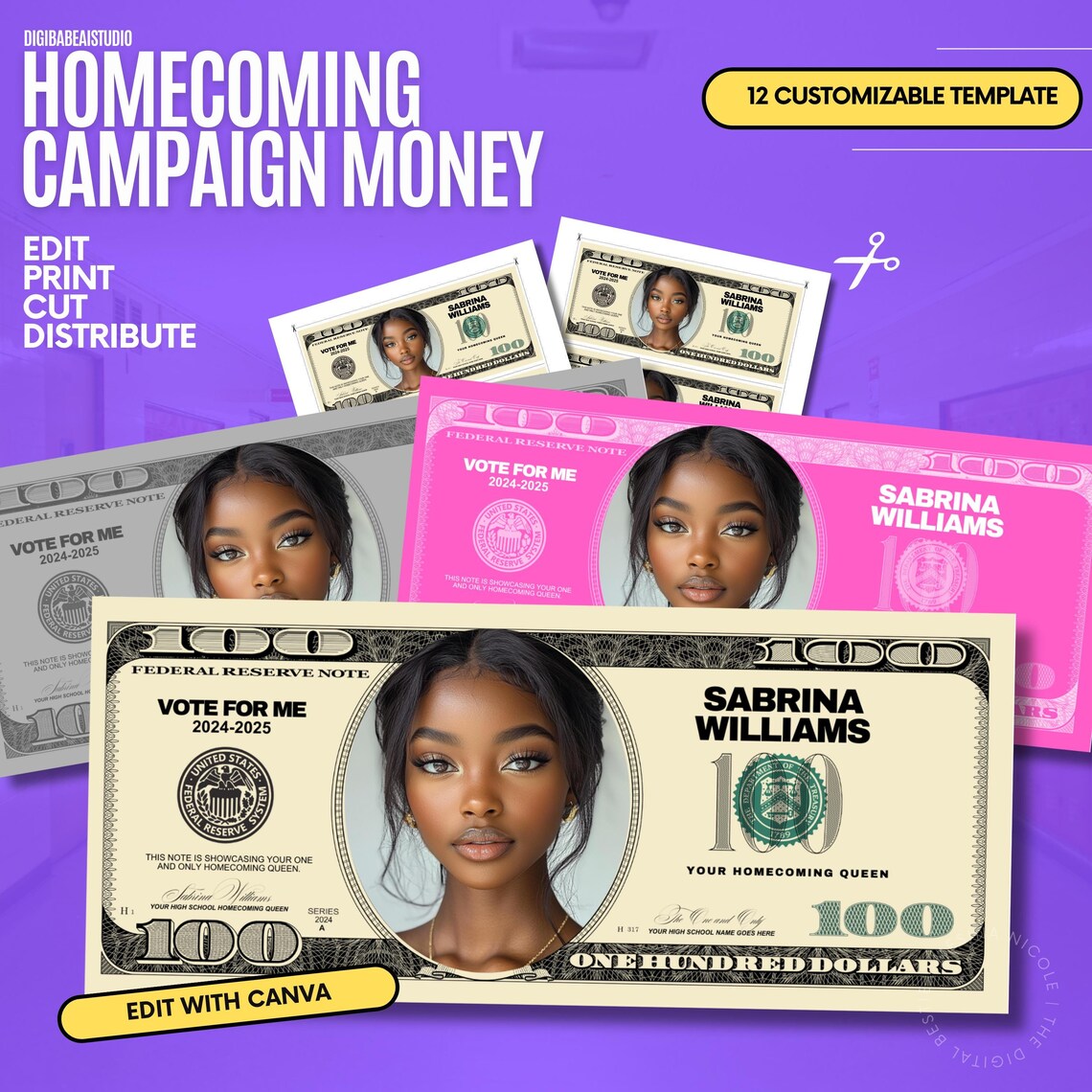 Homecoming Dollar Bill Template, Campaign Money, Editable 100 Dollar ...