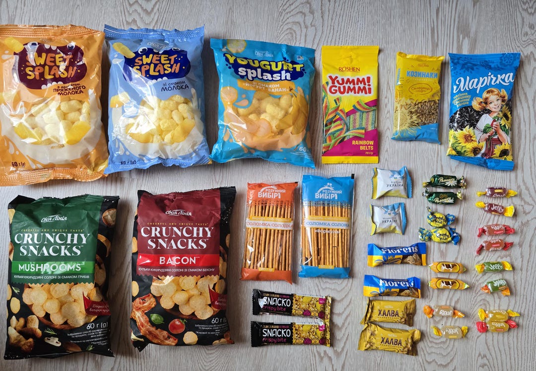 Ukrainian Snack Box: Corn Puffs, Candies, Jellies, Pretzel Sticks ...