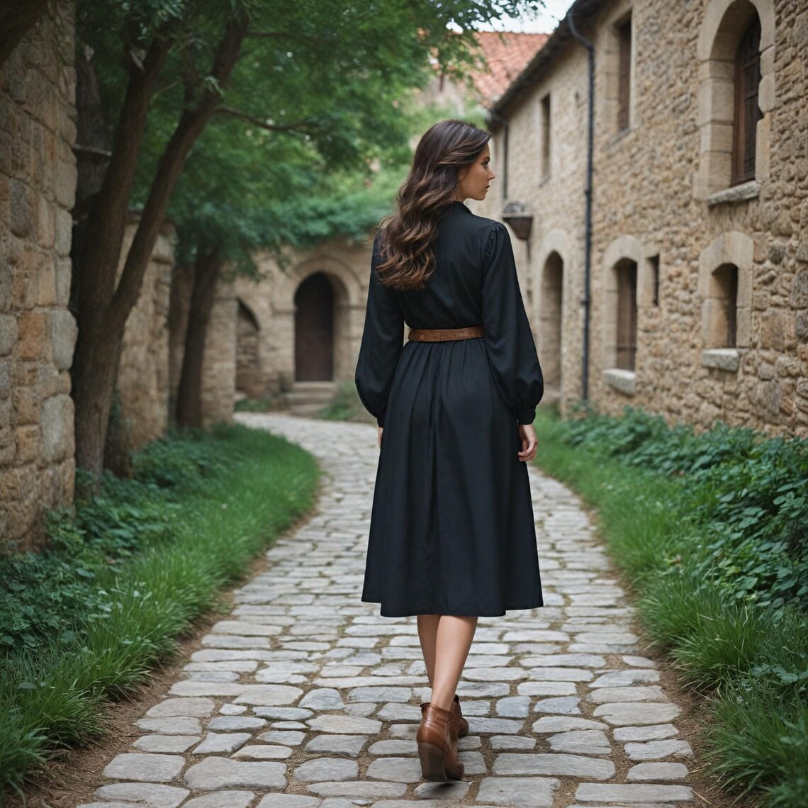 Women's Medieval Midi Dress Elegant Smocked Waist Tunic Top Long Sleeve ...