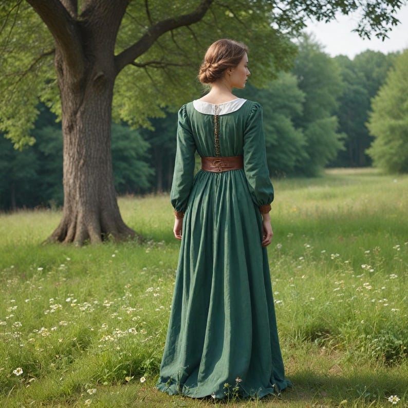 Women's Green Medieval Dress Smocked Waist Dress With White ...