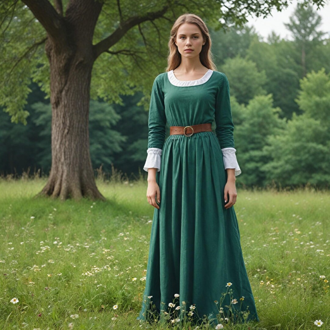 Women's Green Medieval Dress Smocked Waist Dress With White ...