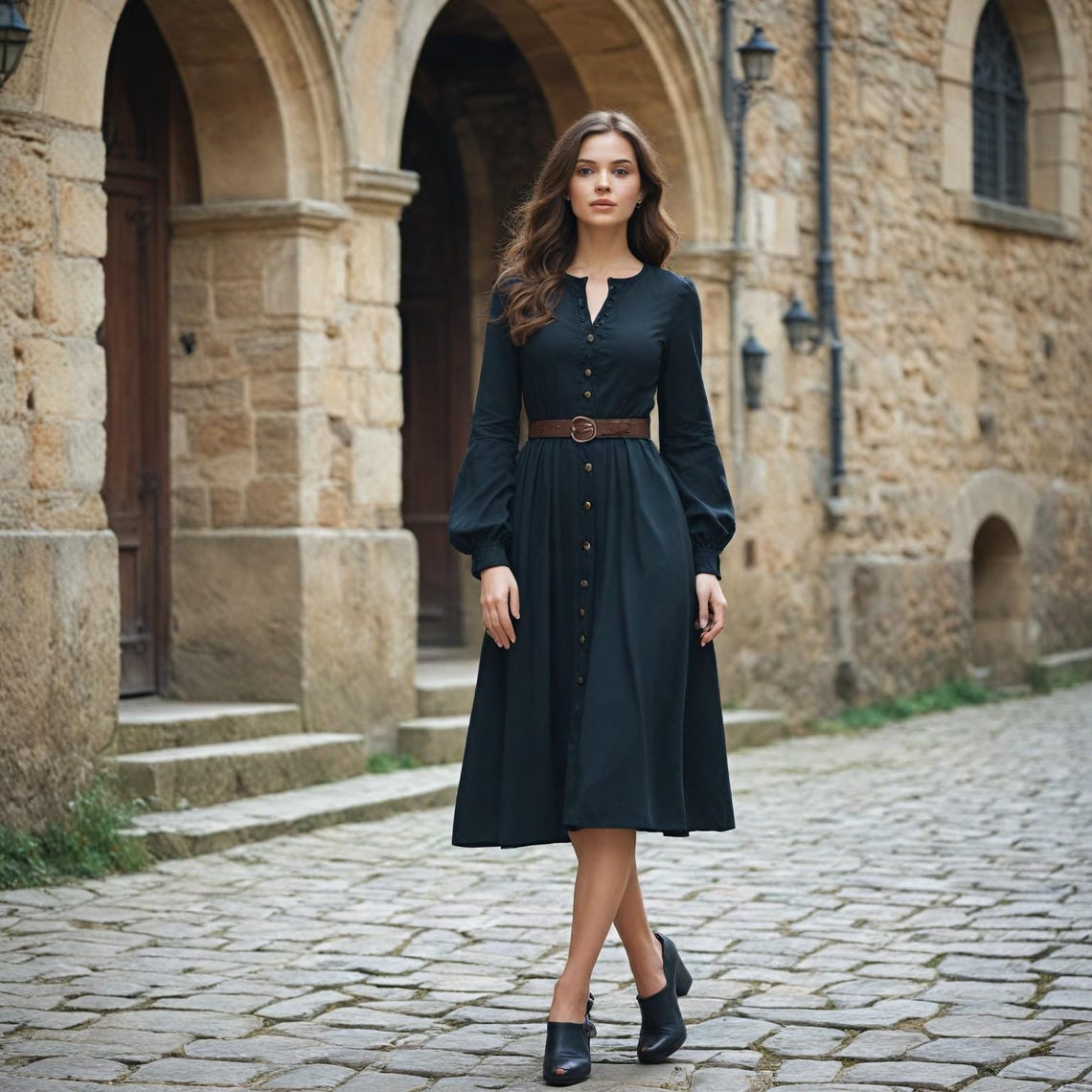 Women's Medieval Midi Dress Elegant Smocked Waist Tunic Top Long Sleeve ...