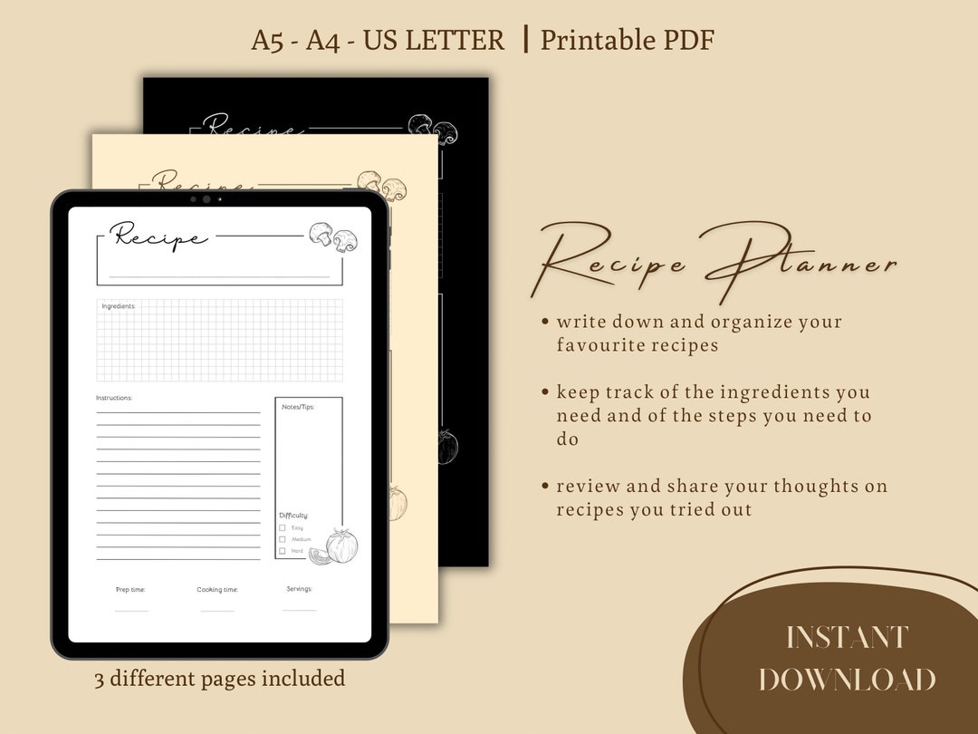 Recipe Planner Journal Printables for Meal Planning, Digital Planner ...