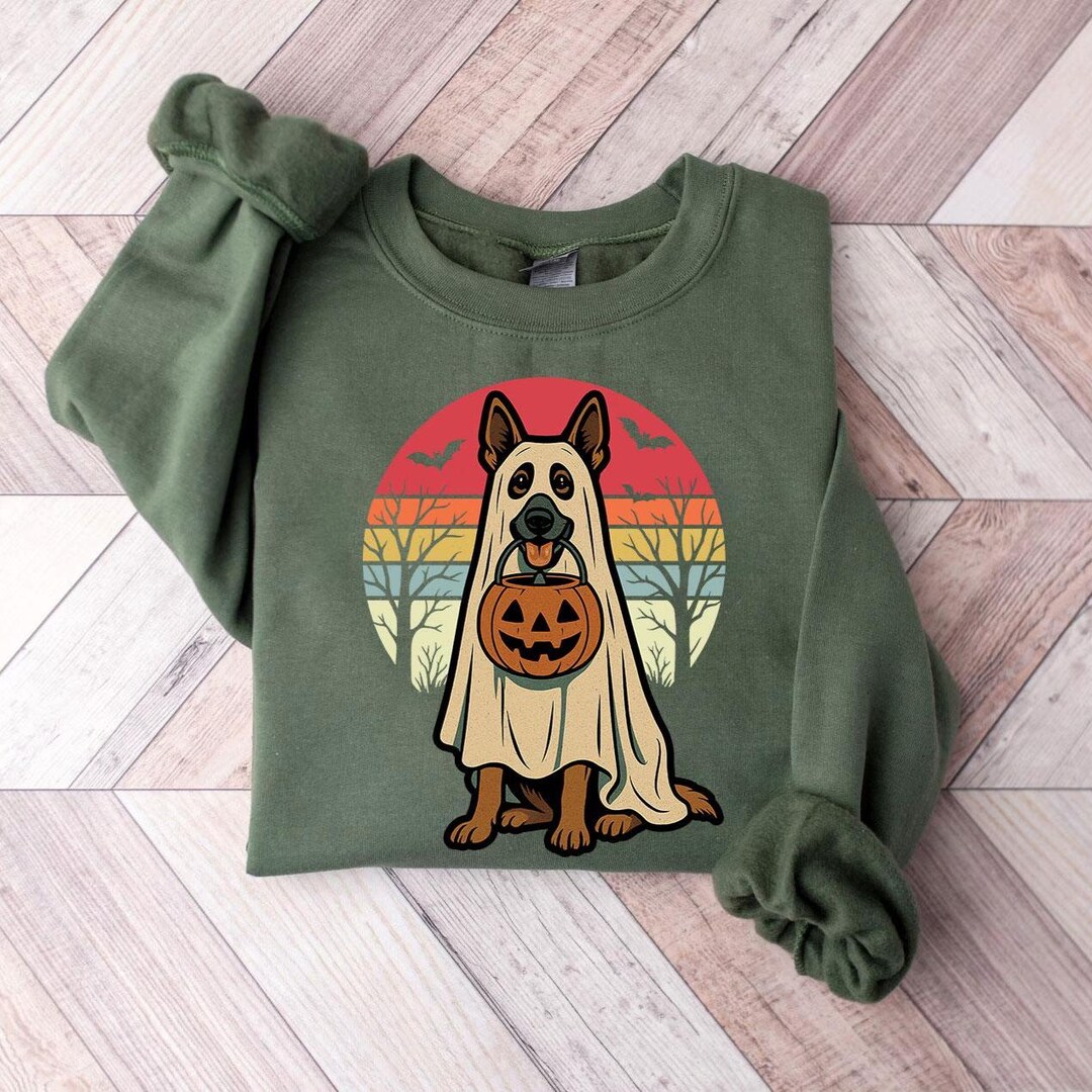 Halloween German Shepherd Sweatshirt: Spooky Dog Ghost & Pumpkin Design ...