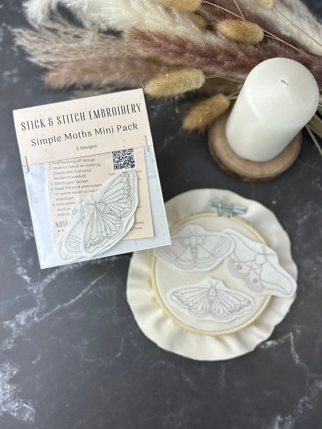 Simple Moths Stick and Stitch Pack of 3 DIY Simple Moth Embroidery ...