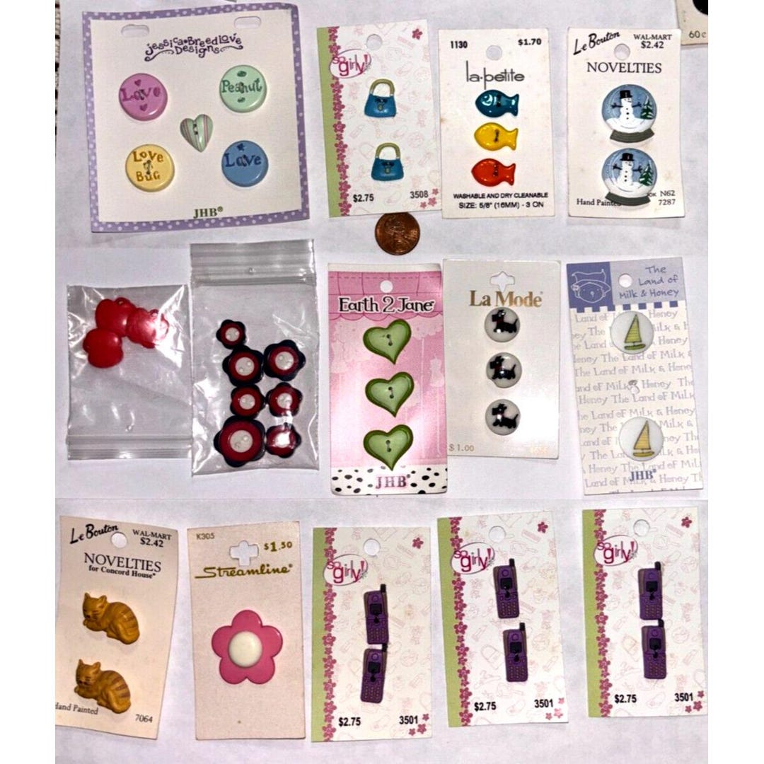 Huge Lot Fun Novelty Buttons New Assorted Cats Dogs Hearts Fish Flowers ...