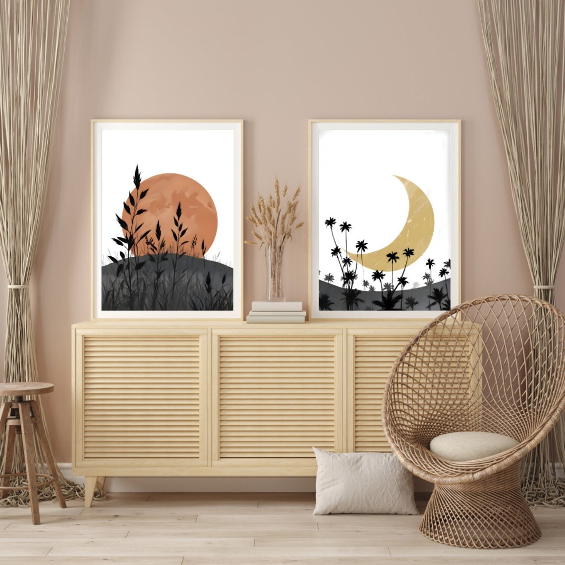 Boho Sonne und Mond druckbare 2er-Set, abstrakte Landschaft, Blumen Wüstenmond, Minimale ...