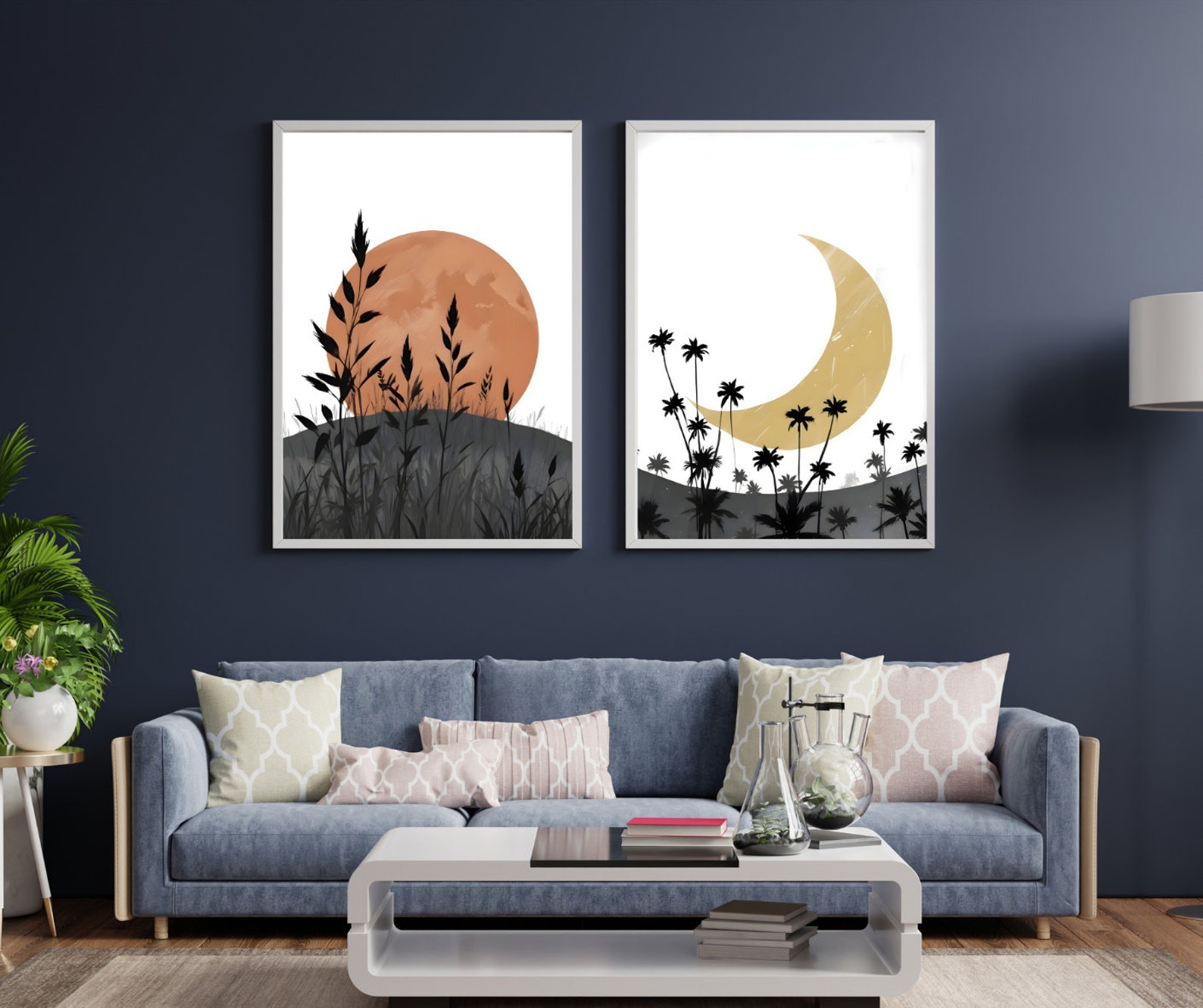 Boho Sonne und Mond druckbare 2er-Set, abstrakte Landschaft, Blumen Wüstenmond, Minimale ...