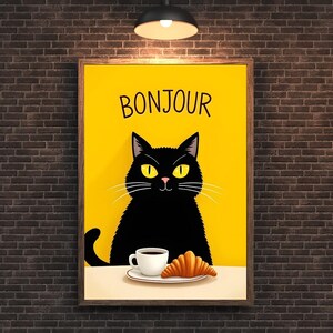 Bonjour Black Cat Wall Art - French-themed Digital Illustration, Coffee ...