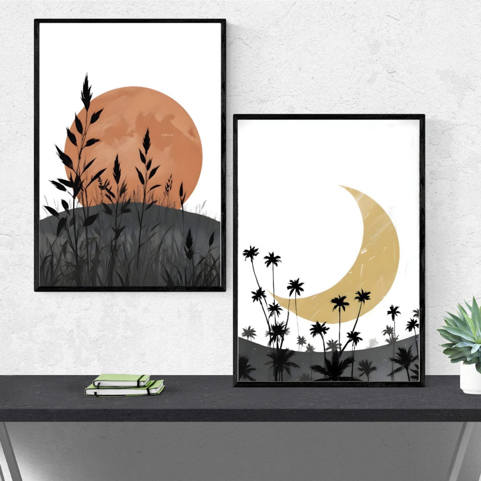 Boho Sonne und Mond druckbare 2er-Set, abstrakte Landschaft, Blumen Wüstenmond, Minimale ...