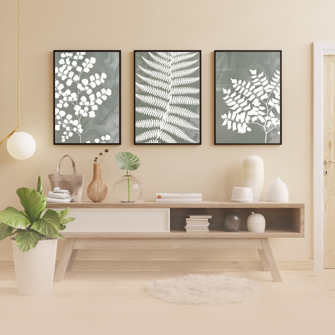 Sage Serenade 3 Piece Framed Canvas Wall Art Abstract Leaves Drawing ...
