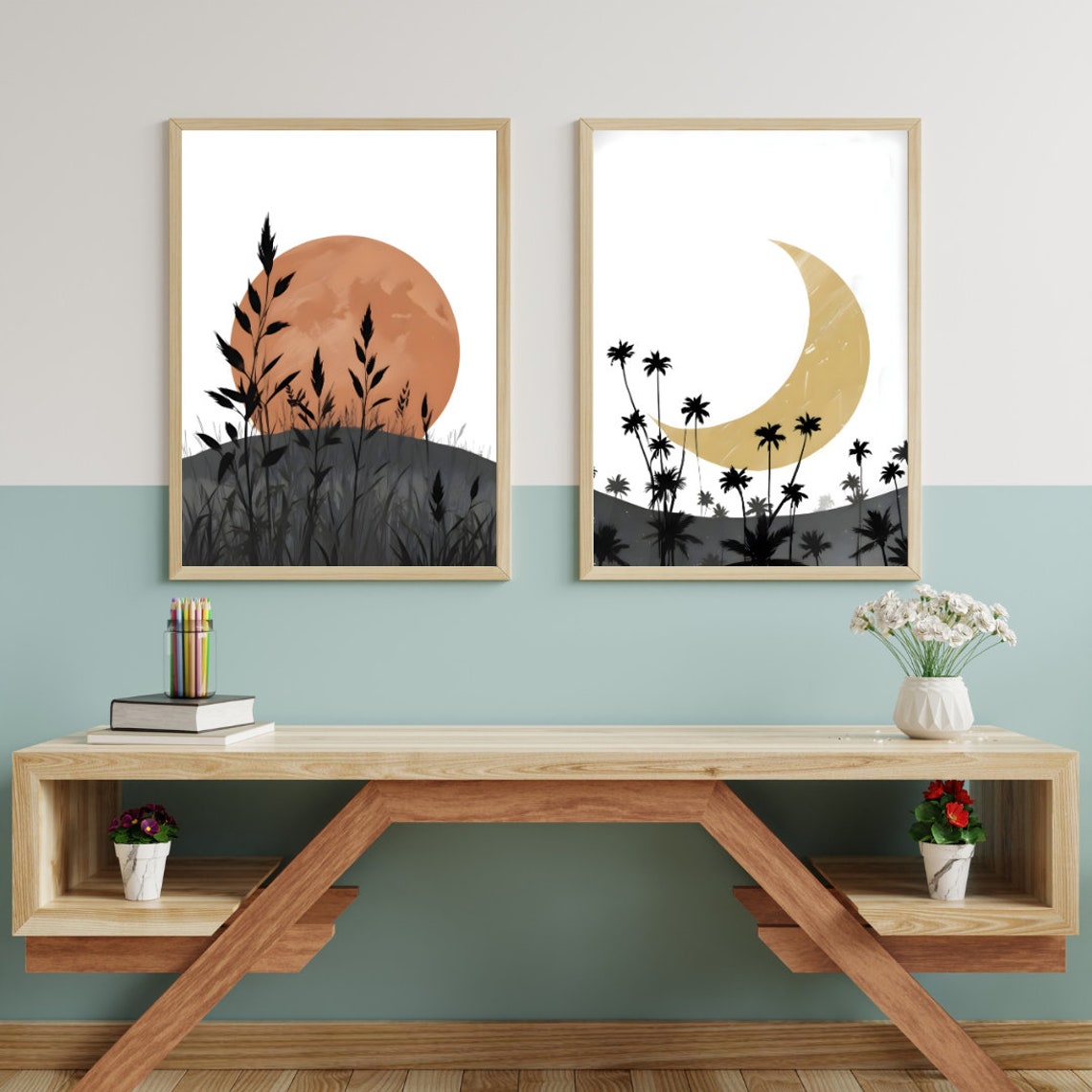 Boho Sonne und Mond druckbare 2er-Set, abstrakte Landschaft, Blumen Wüstenmond, Minimale ...