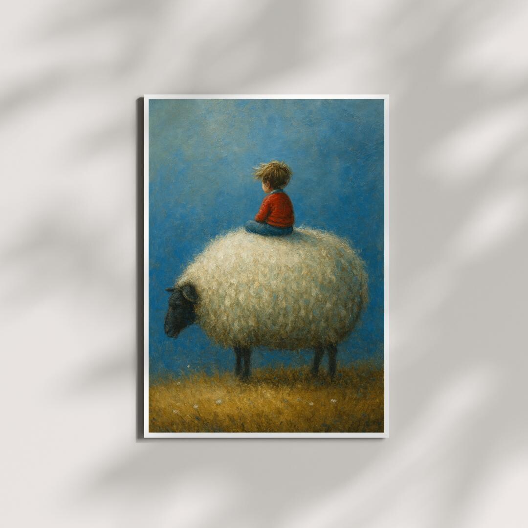 Whimsical Boy on Sheep Art Print - Whimsical Boy on Sheep Art Poster ...