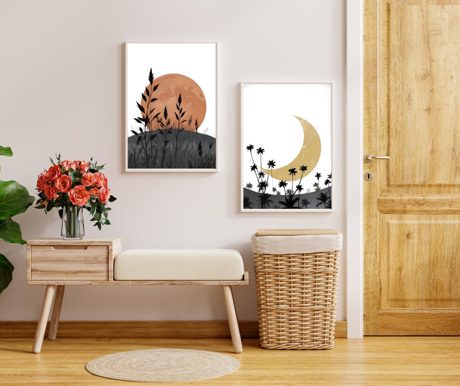 Boho Sonne und Mond druckbare 2er-Set, abstrakte Landschaft, Blumen Wüstenmond, Minimale ...