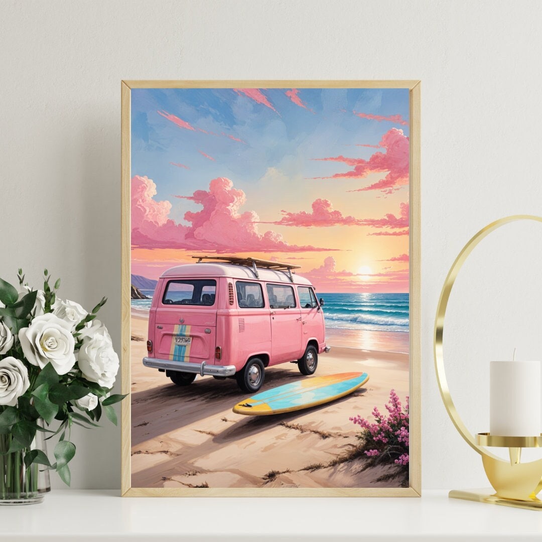 Retro Van Print, Pink Van Wall Art, Pink Beach Poster, Beach Pink Print ...