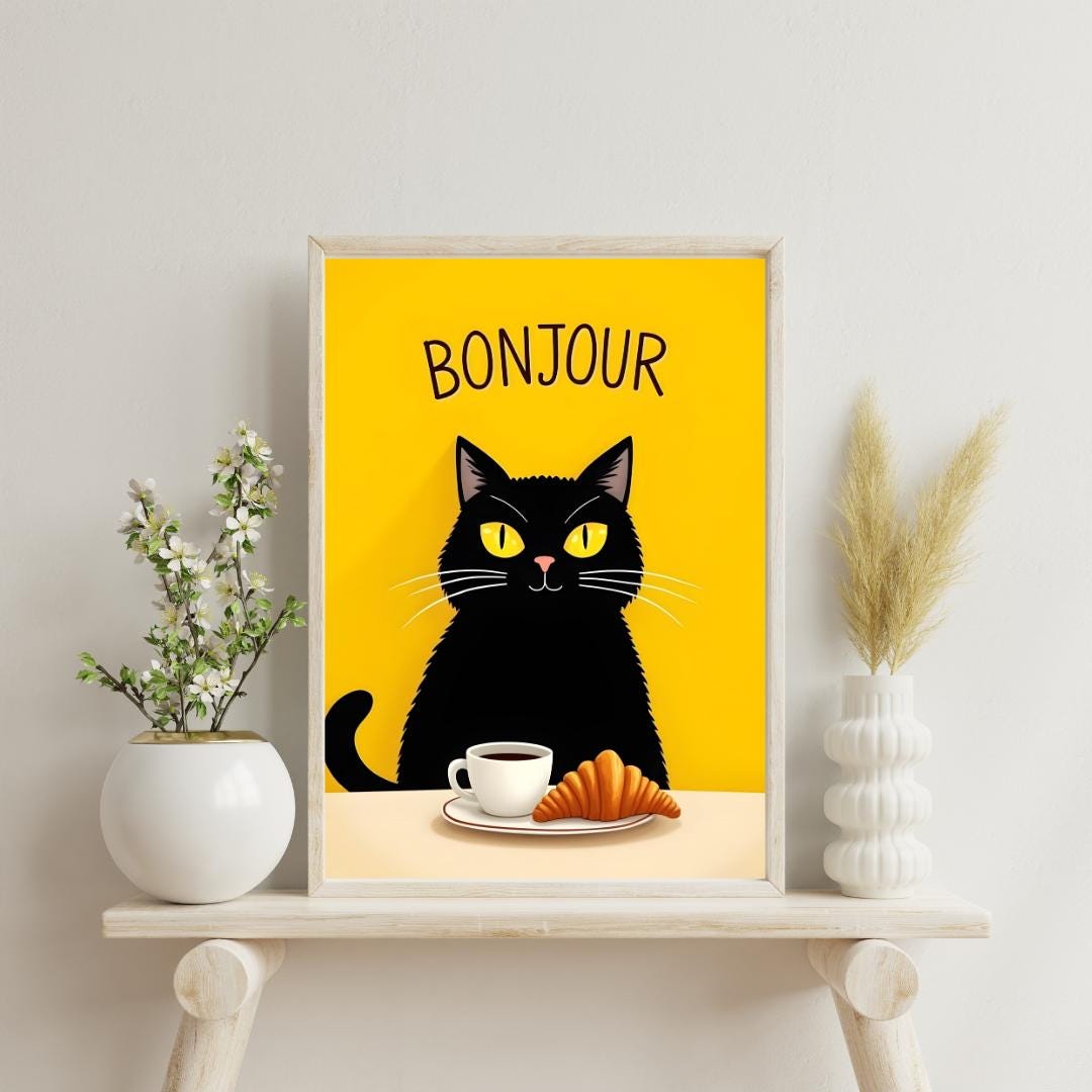 Bonjour Black Cat Wall Art - French-themed Digital Illustration, Coffee ...