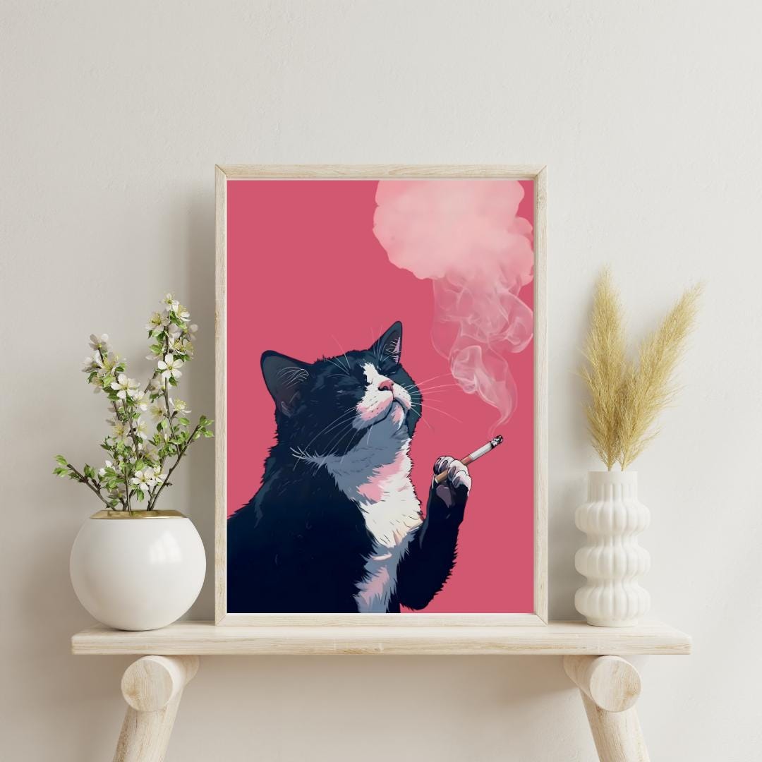 Black Cat Pink Painting, Cat Smoking a Cigarette, Cat Wall Art, Cat ...