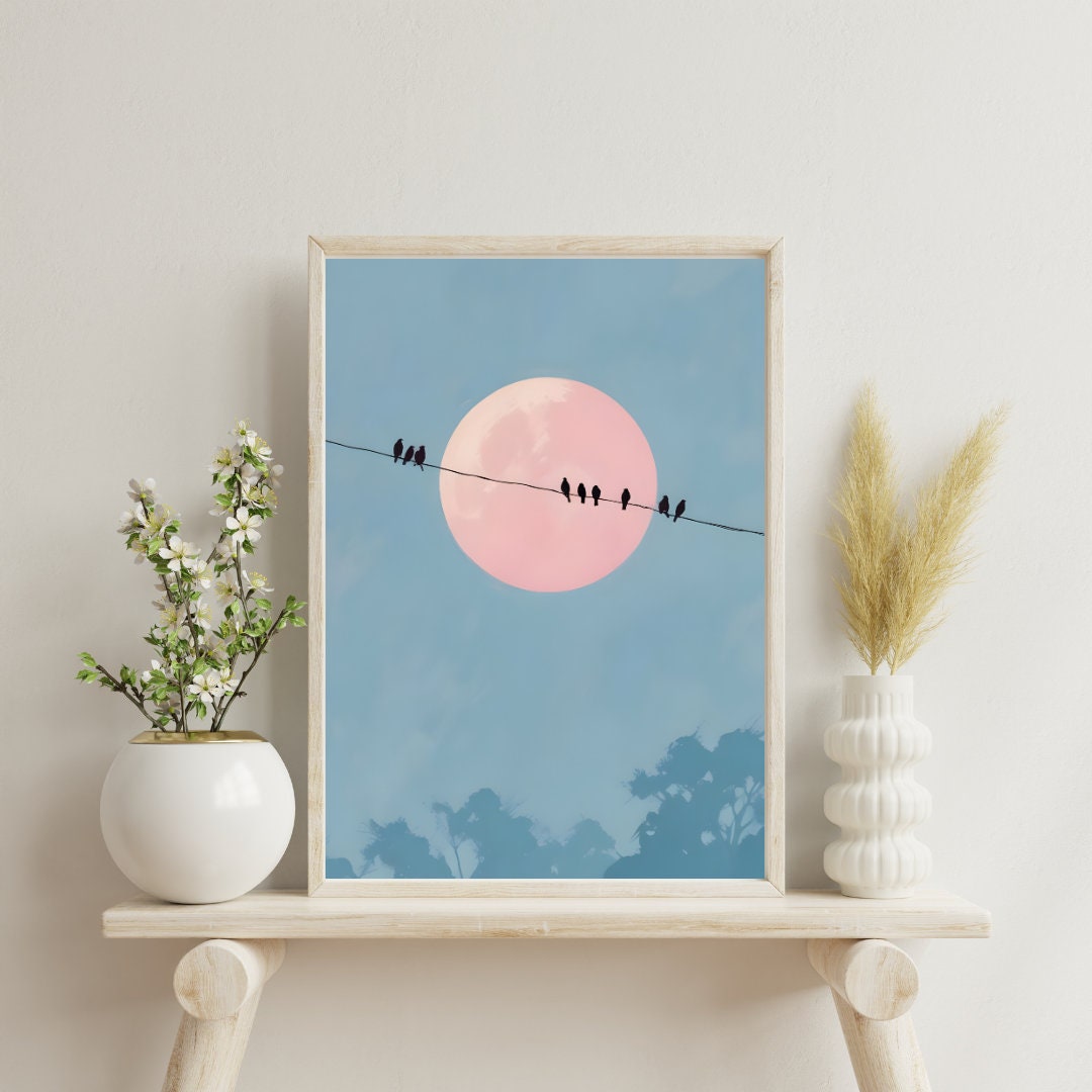 Birds on Wire With Pink Sun/moon, Minimalist Blue Sky, Bold & Slim ...