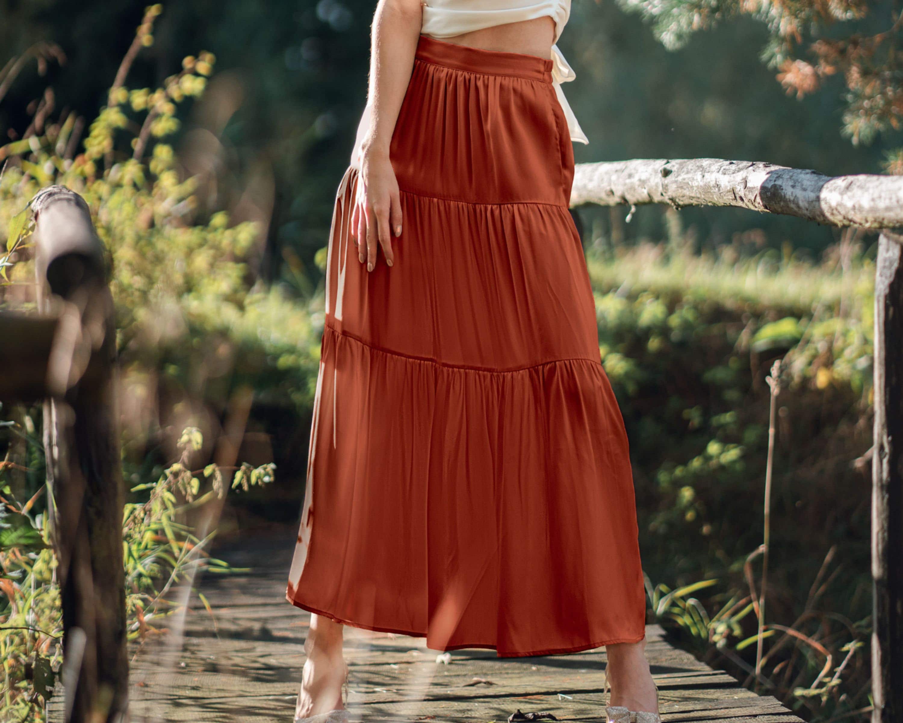 Burnt Orange Silk Maxi Skirt | Long Boho Silk Skirt | Flowy Long Summer ...