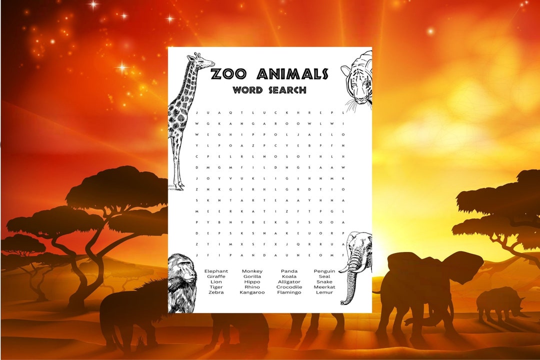 Zoo Animal WORD SEARCH Safari Word Search Africa Animals Party Game ...
