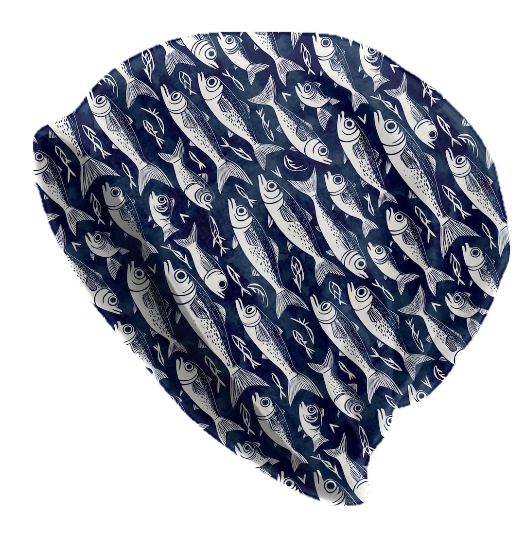 Navy Folk Fish Beanie – Hand-drawn Ocean Slouch Hat, Nautical Coastal ...