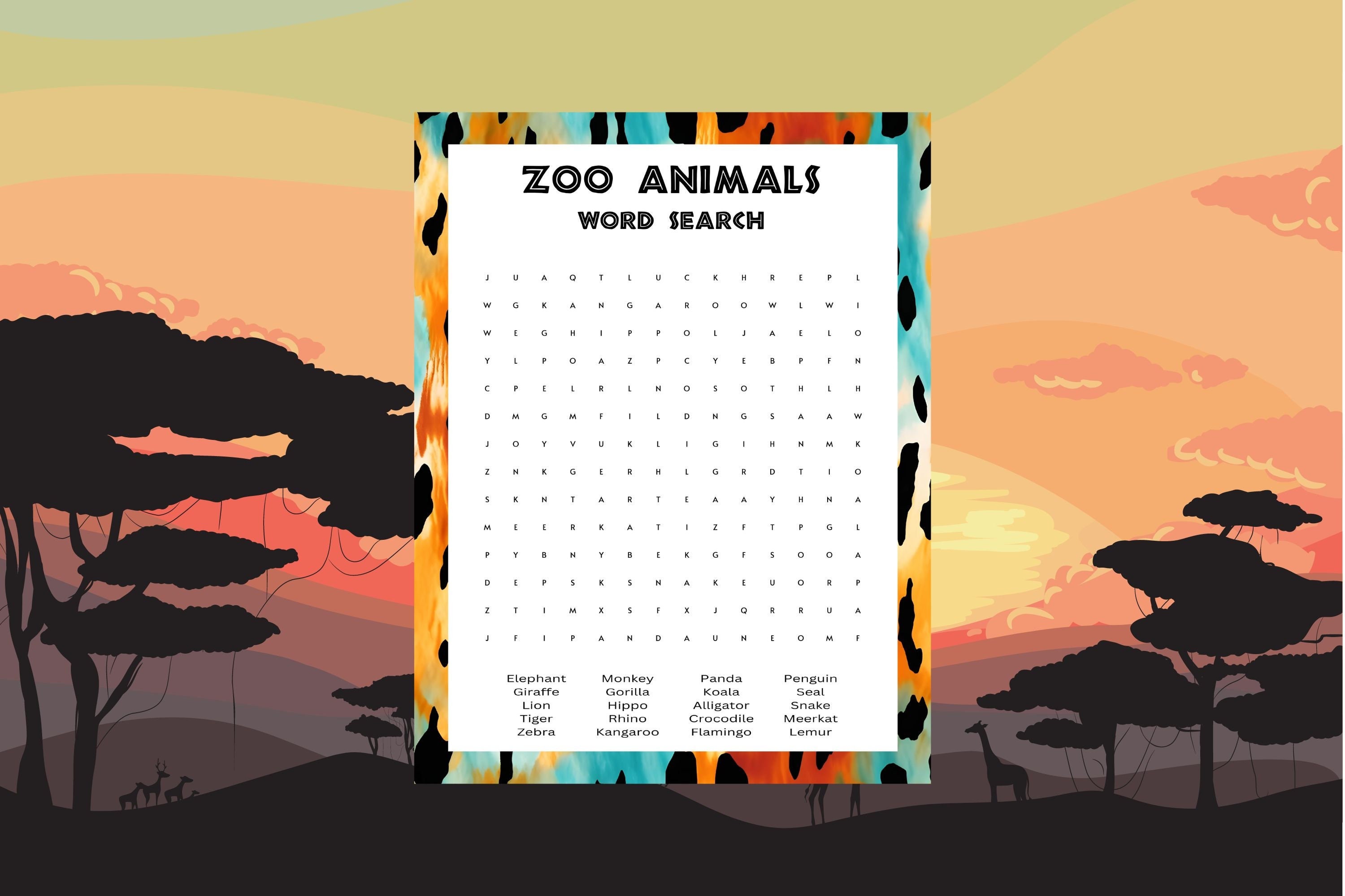 Zoo Animal WORD SEARCH Safari Word Search Africa Animals Party Game ...