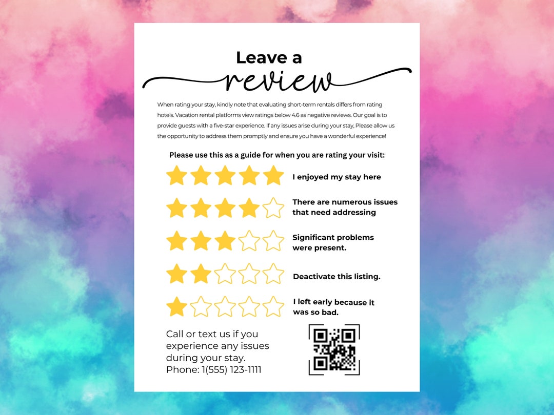 Airbnb Rating Sign, Air Bnb 5 Star Review, Airbnb Review Sign Printable ...