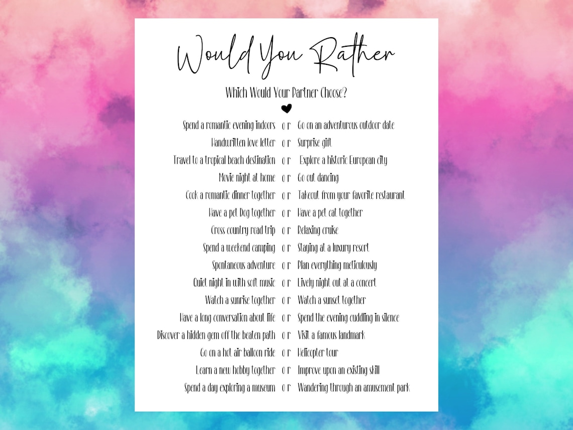 Would You Rather Couples Game Printable Marriage Anniversary Games Fun ...